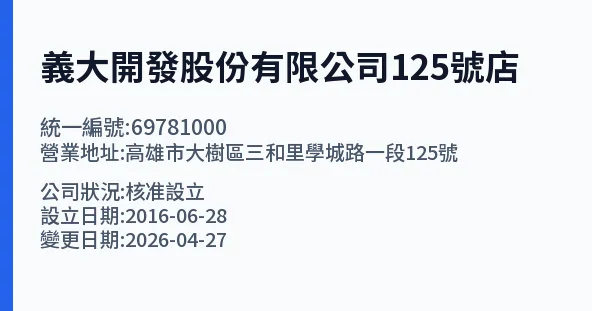 義大開發股份有限公司125號店的照片-統編 69781000(高雄市) 公司登記資料與營業項目詳細圖表