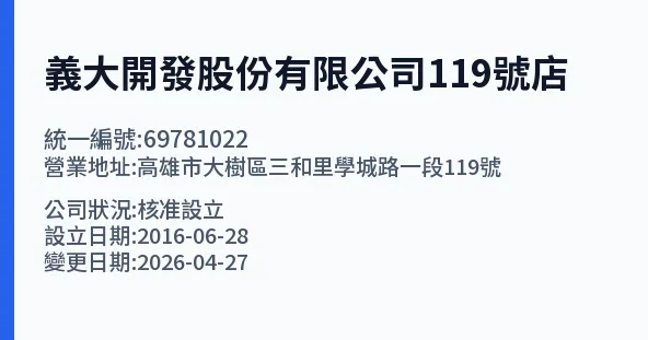 義大開發股份有限公司119號店的照片-統編 69781022(高雄市) 公司登記資料與營業項目詳細圖表