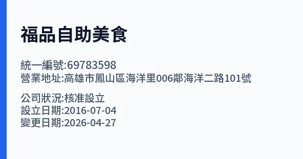 福品自助美食的照片-統編 69783598(高雄市) 公司登記資料與營業項目詳細圖表