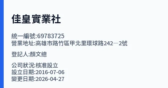 佳皇實業社的照片-統編 69783725(高雄市) 公司登記資料與營業項目詳細圖表