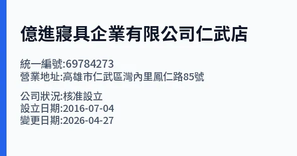 億進寢具企業有限公司仁武店的照片-統編 69784273(高雄市) 公司登記資料與營業項目詳細圖表