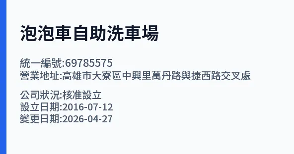 泡泡車自助洗車場的照片-統編 69785575(高雄市) 公司登記資料與營業項目詳細圖表