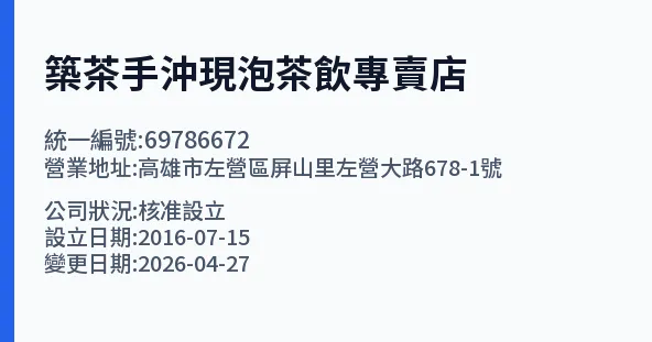 築茶手沖現泡茶飲專賣店的照片-統編 69786672(高雄市) 公司登記資料與營業項目詳細圖表