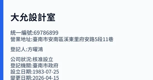大允設計室的照片-統編 69786899(臺南市) 公司登記資料與營業項目詳細圖表