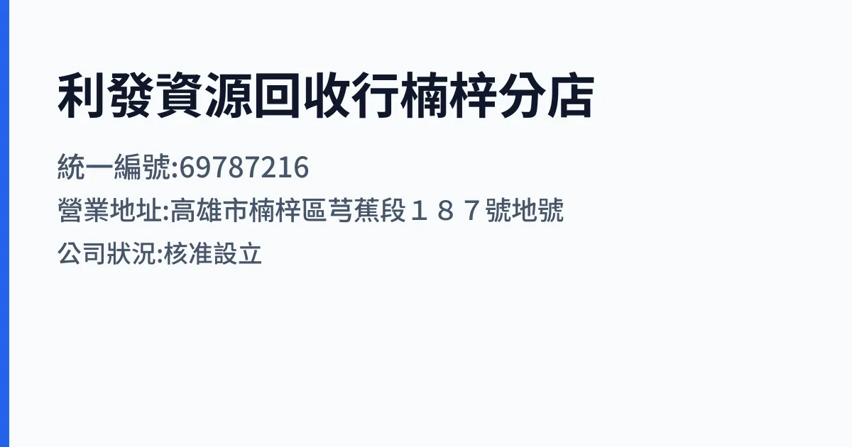 利發資源回收行楠梓分店 - 統編 69787216(高雄市) 公司登記資料與營業項目詳細圖表