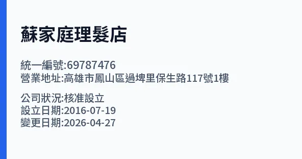 蘇家庭理髮店的照片-統編 69787476(高雄市) 公司登記資料與營業項目詳細圖表