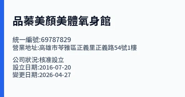 品蓁美顏美體氧身館的照片-統編 69787829(高雄市) 公司登記資料與營業項目詳細圖表