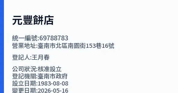 元豐餅店的照片-統編 69788783(臺南市) 公司登記資料與營業項目詳細圖表