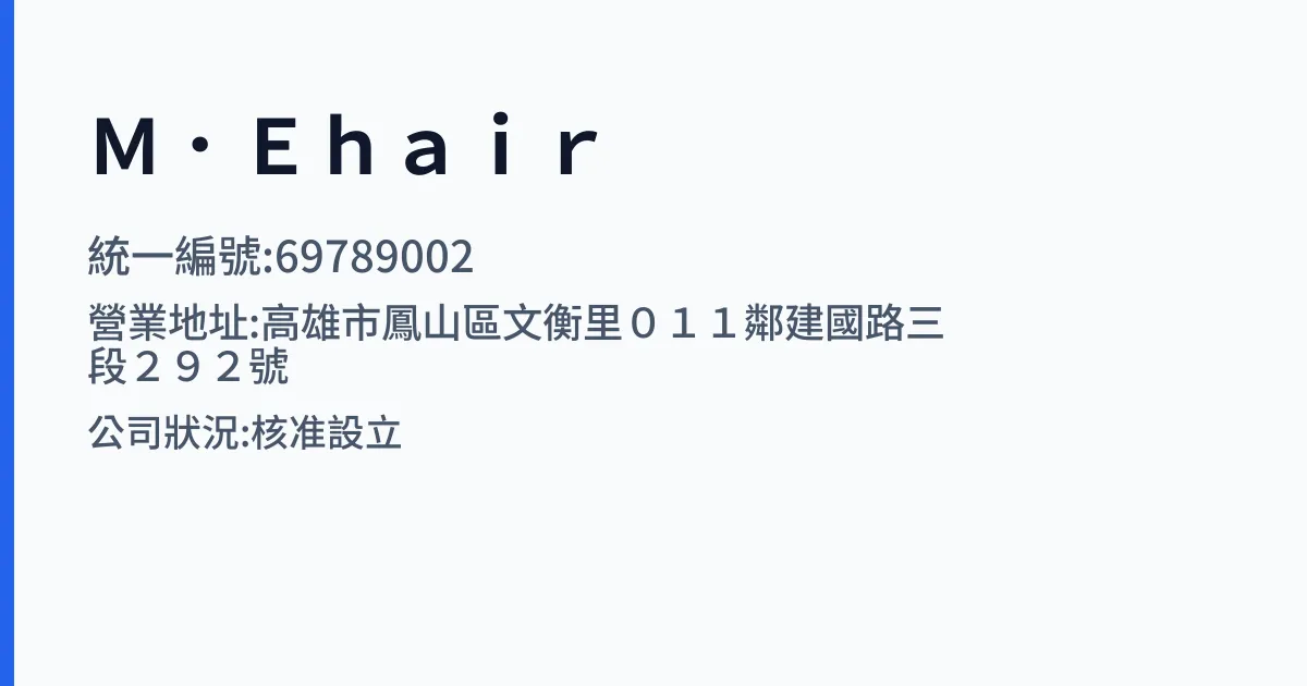 Ｍ．Ｅｈａｉｒ - 統編 69789002(高雄市) 公司登記資料與營業項目詳細圖表