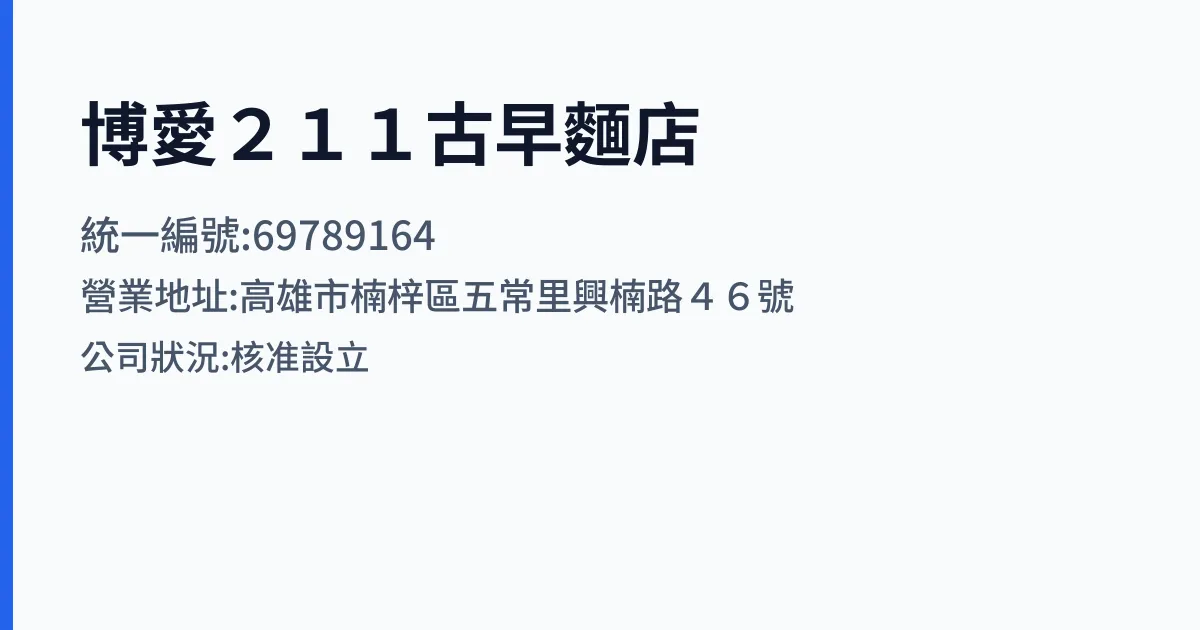 博愛211古早麵店 - 統編 69789164(高雄市) 公司登記資料與營業項目詳細圖表