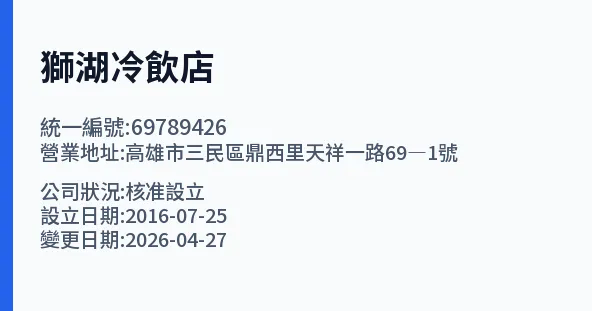 獅湖冷飲店的照片-統編 69789426(高雄市) 公司登記資料與營業項目詳細圖表