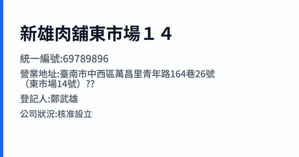 新雄肉舖東市場１４ - 統編 69789896(臺南市) 公司登記資料與營業項目詳細圖表