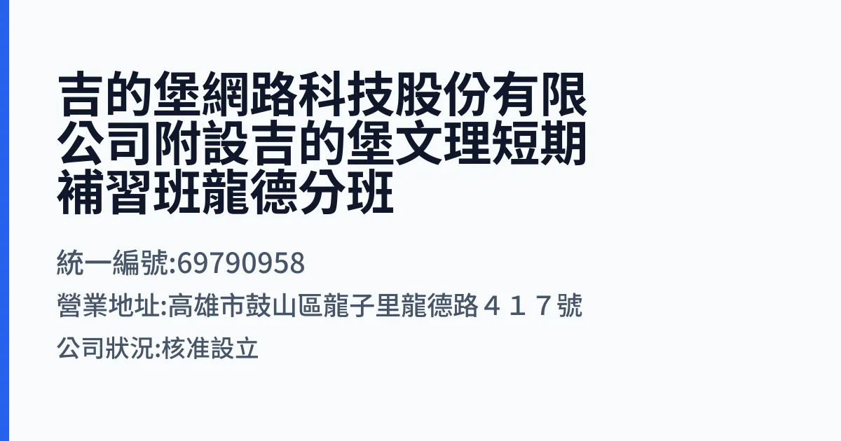 吉的堡網路科技股份有限公司附設吉的堡文理短期補習班龍德分班 - 統編 69790958(高雄市) 公司登記資料與營業項目詳細圖表