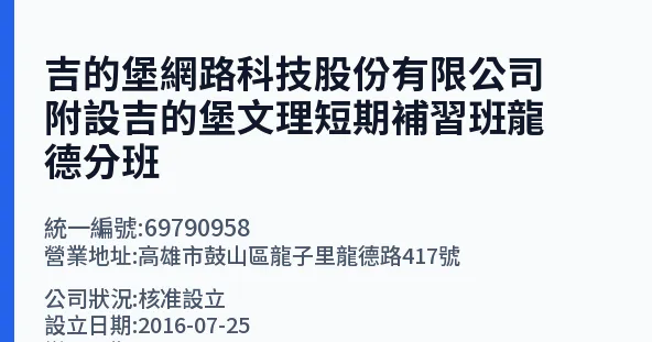 吉的堡網路科技股份有限公司附設吉的堡文理短期補習班龍德分班的照片-統編 69790958(高雄市) 公司登記資料與營業項目詳細圖表