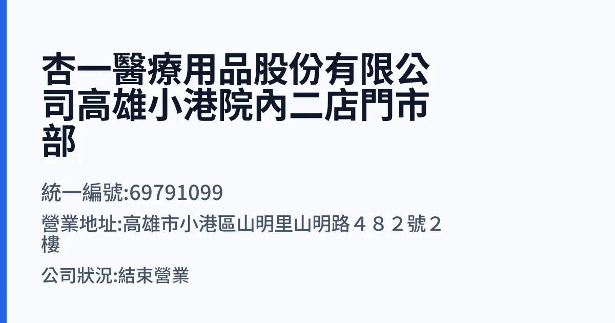 杏一醫療用品股份有限公司高雄小港院內二店門市部 - 統編 69791099(高雄市) 公司登記資料與營業項目詳細圖表
