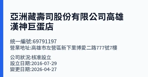 亞洲藏壽司股份有限公司高雄漢神巨蛋店的照片-統編 69791197(高雄市) 公司登記資料與營業項目詳細圖表