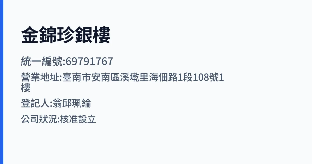 金錦珍銀樓 - 統編 69791767(臺南市) 公司登記資料與營業項目詳細圖表