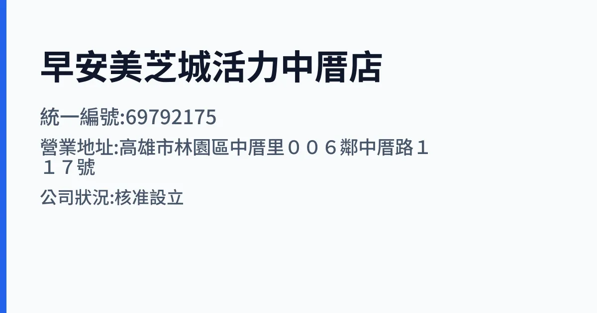 早安美芝城活力中厝店 - 統編 69792175(高雄市) 公司登記資料與營業項目詳細圖表