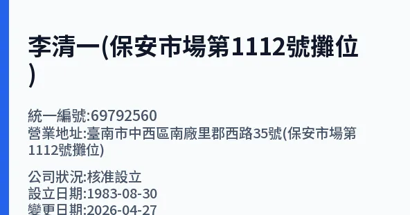 李清一(保安市場第1112號攤位)的照片-統編 69792560(臺南市) 公司登記資料與營業項目詳細圖表