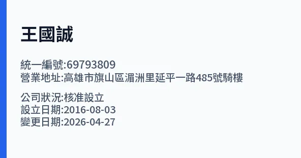 王國誠的照片-統編 69793809(高雄市) 公司登記資料與營業項目詳細圖表