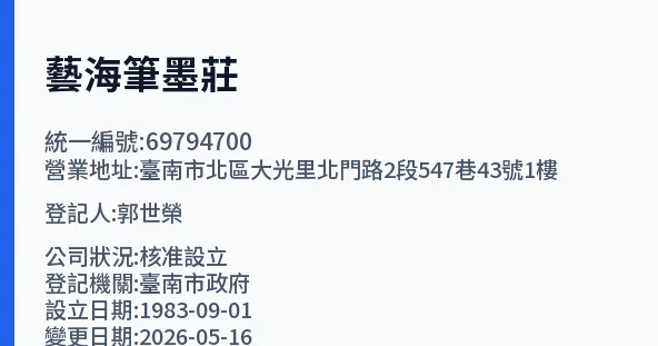 藝海筆墨莊的照片-統編 69794700(臺南市) 公司登記資料與營業項目詳細圖表