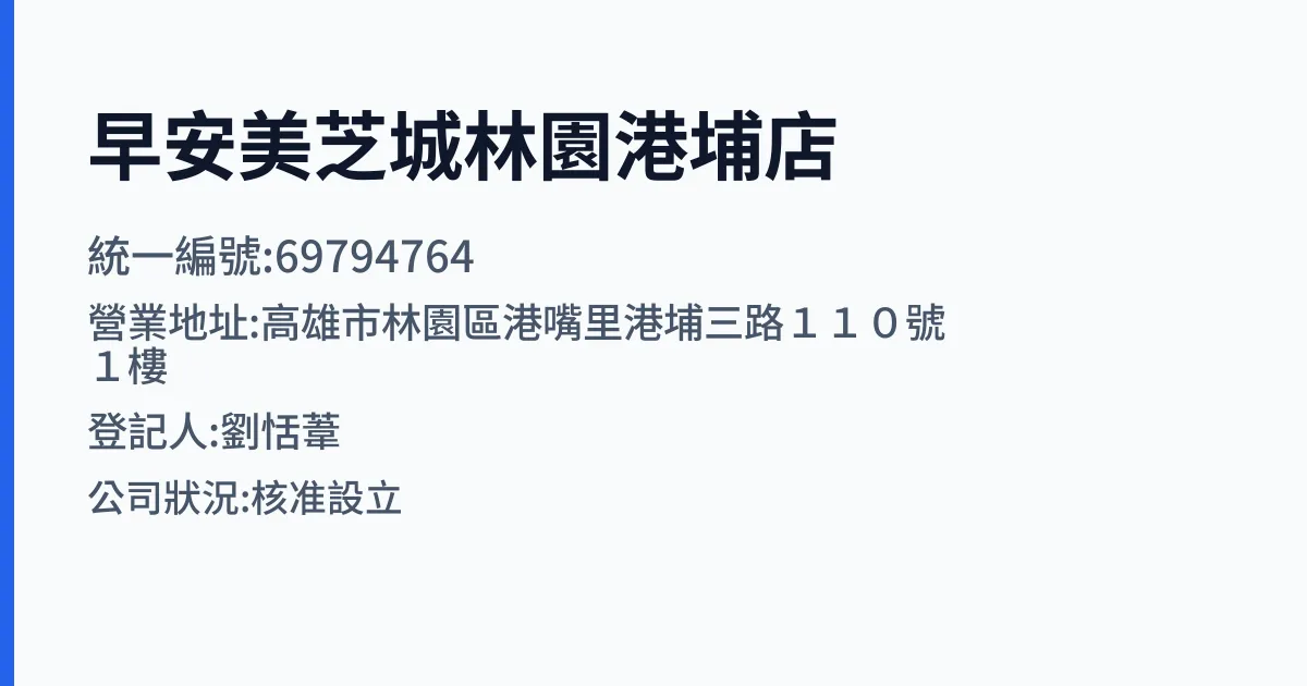 早安美芝城林園港埔店 - 統編 69794764(高雄市) 公司登記資料與營業項目詳細圖表
