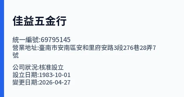佳益五金行的照片-統編 69795145(臺南市) 公司登記資料與營業項目詳細圖表
