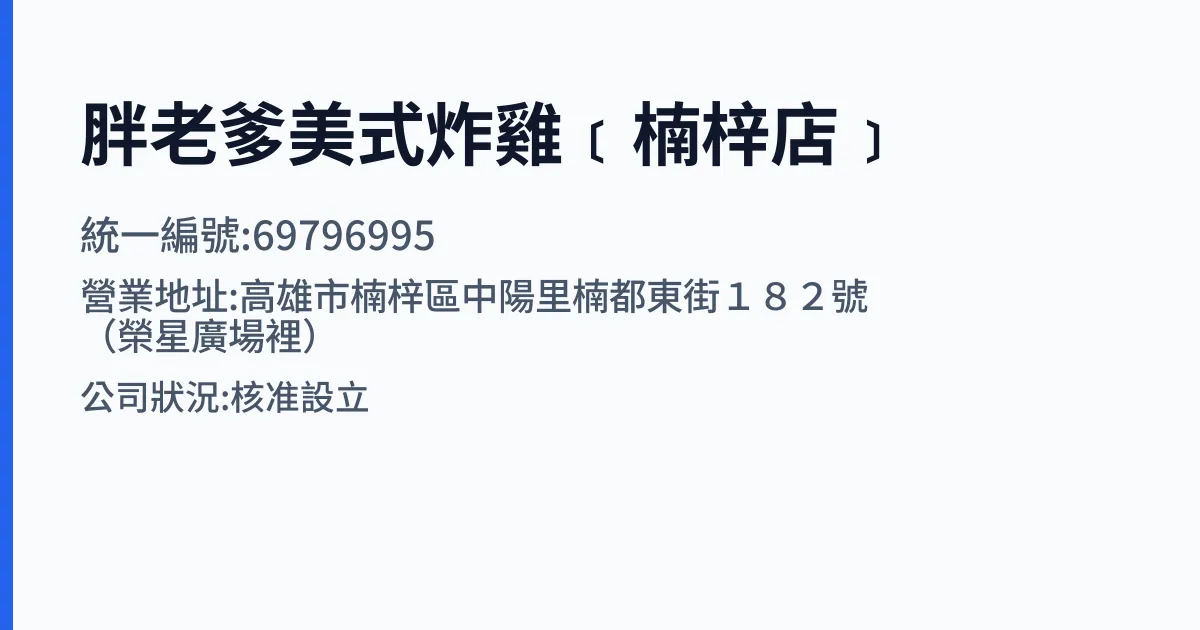 胖老爹美式炸雞﹝楠梓店﹞ - 統編 69796995(高雄市) 公司登記資料與營業項目詳細圖表