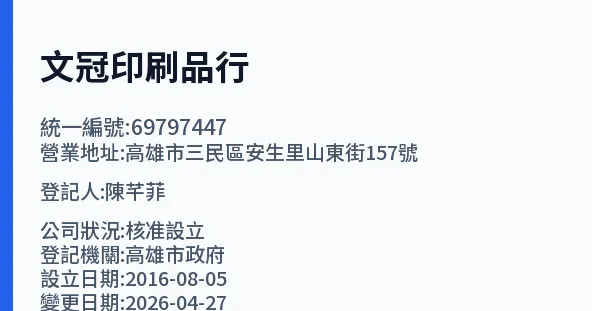 文冠印刷品行的照片-統編 69797447(高雄市) 公司登記資料與營業項目詳細圖表