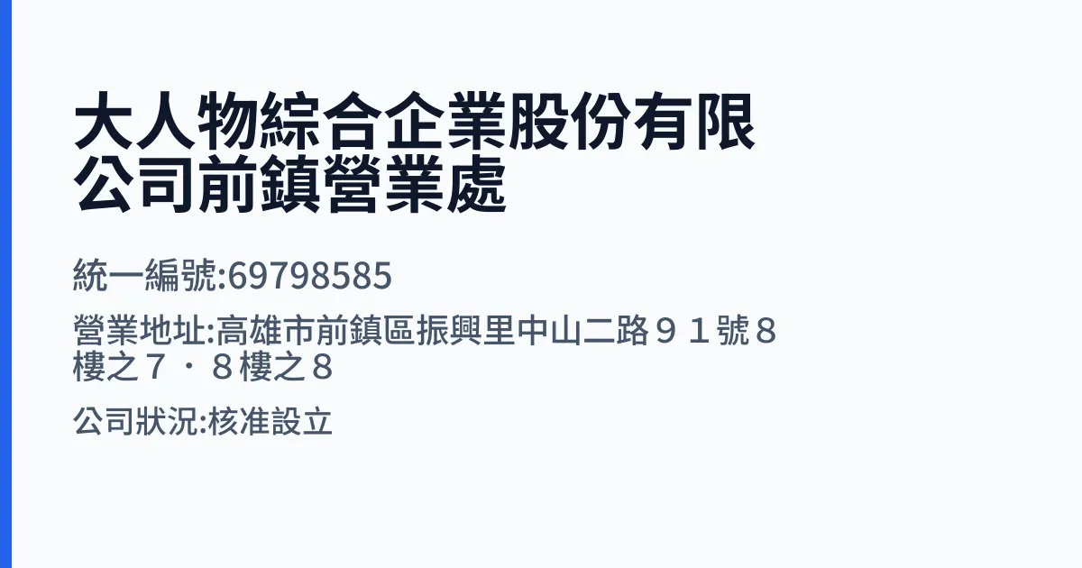 大人物綜合企業股份有限公司前鎮營業處 - 統編 69798585(高雄市) 公司登記資料與營業項目詳細圖表