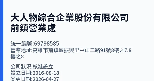 大人物綜合企業股份有限公司前鎮營業處的照片-統編 69798585(高雄市) 公司登記資料與營業項目詳細圖表