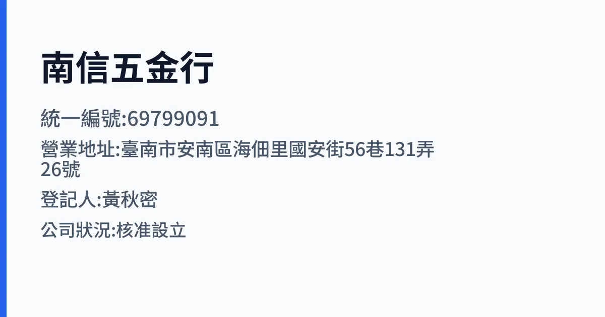 南信五金行 - 統編 69799091(臺南市) 公司登記資料與營業項目詳細圖表
