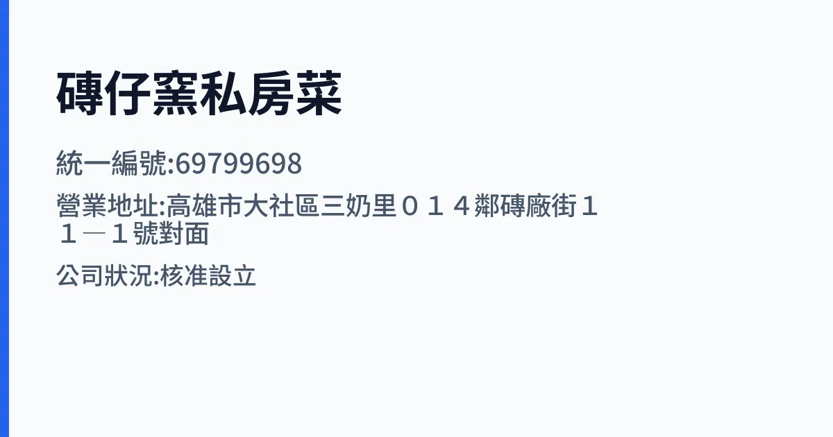 磚仔窯私房菜 - 統編 69799698(高雄市) 公司登記資料與營業項目詳細圖表