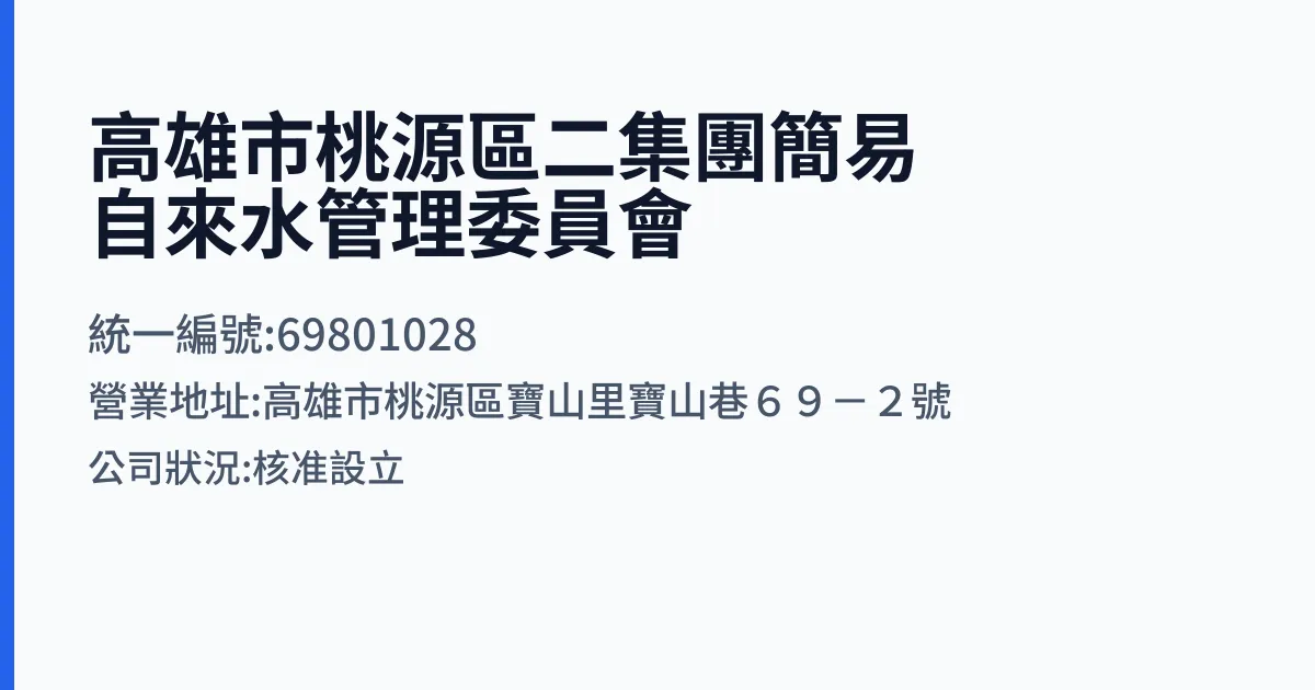 高雄市桃源區二集團簡易自來水管理委員會 - 統編 69801028(高雄市) 公司登記資料與營業項目詳細圖表