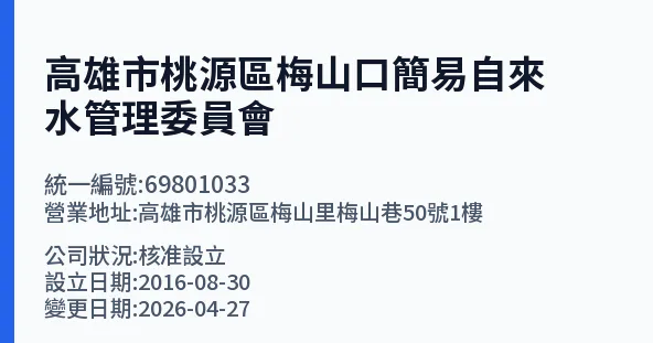 高雄市桃源區梅山口簡易自來水管理委員會的照片-統編 69801033(高雄市) 公司登記資料與營業項目詳細圖表