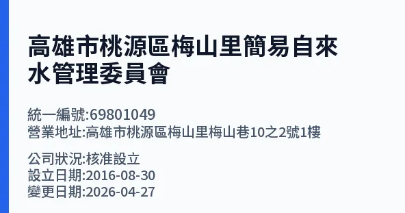 高雄市桃源區梅山里簡易自來水管理委員會的照片-統編 69801049(高雄市) 公司登記資料與營業項目詳細圖表