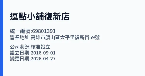 逗點小舖復新店的照片-統編 69801391(高雄市) 公司登記資料與營業項目詳細圖表