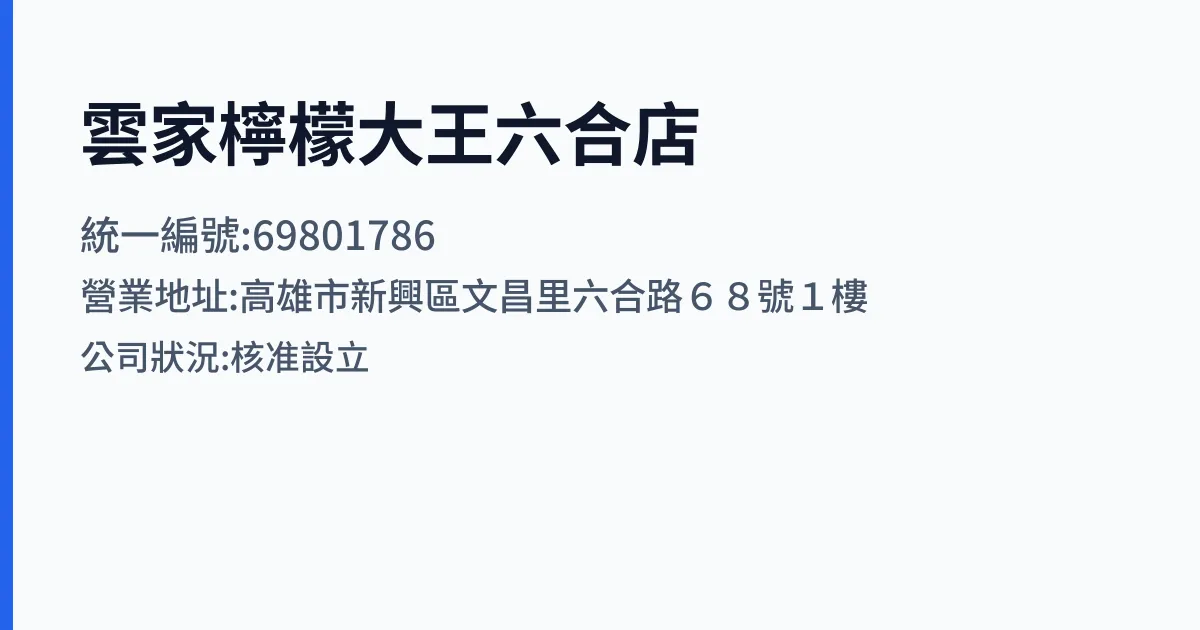 雲家檸檬大王六合店 - 統編 69801786(高雄市) 公司登記資料與營業項目詳細圖表
