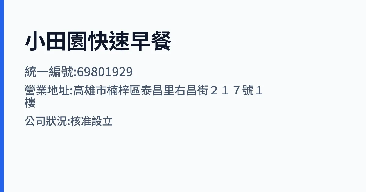 小田園快速早餐 - 統編 69801929(高雄市) 公司登記資料與營業項目詳細圖表
