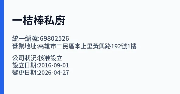 一桔棒私廚的照片-統編 69802526(高雄市) 公司登記資料與營業項目詳細圖表