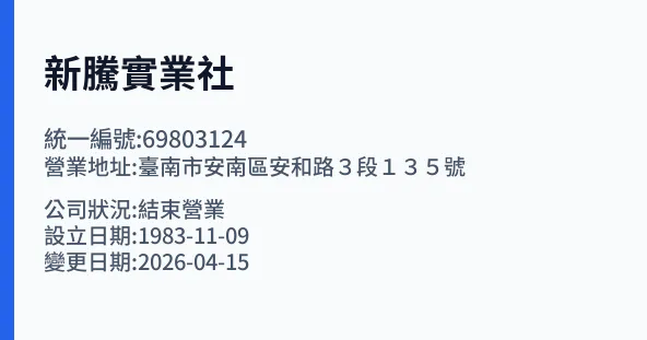 新騰實業社的照片-統編 69803124(臺南市) 公司登記資料與營業項目詳細圖表