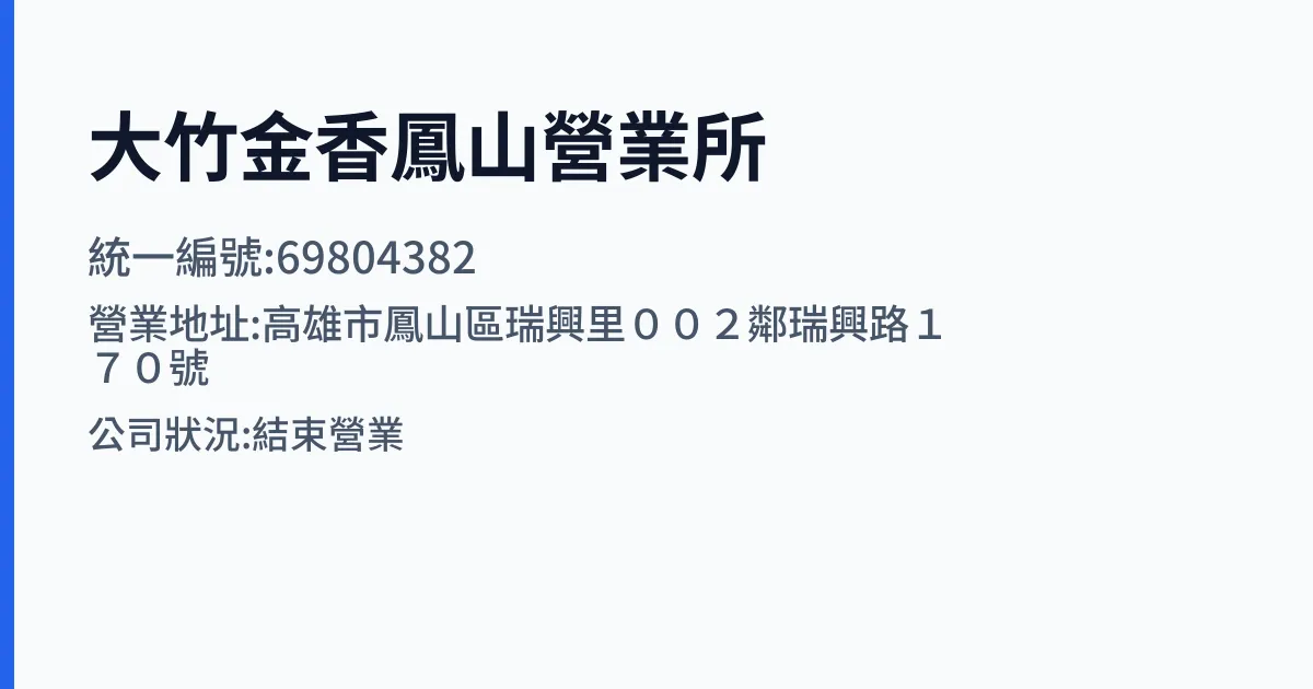 大竹金香鳳山營業所 - 統編 69804382（高雄市） 公司登記資料與營業項目詳細圖表