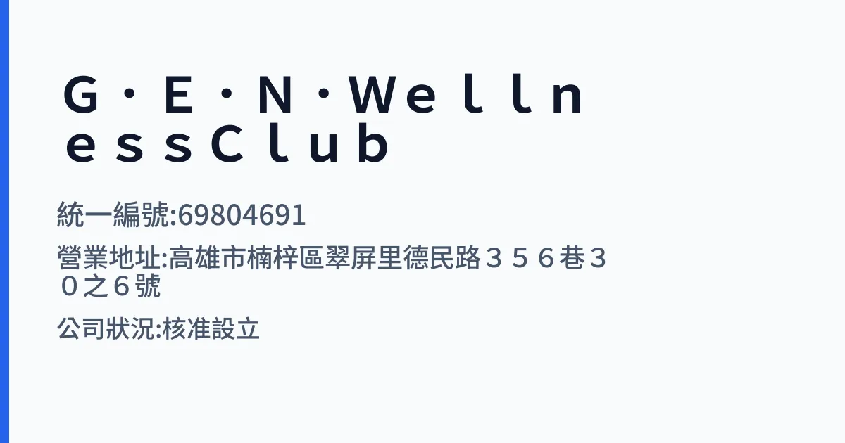 G.E.N.WellnessClub - 統編 69804691(高雄市) 公司登記資料與營業項目詳細圖表