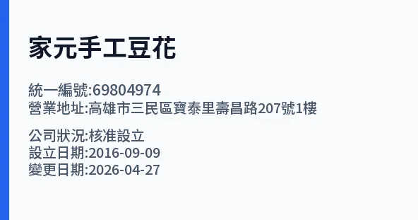 家元手工豆花的照片-統編 69804974(高雄市) 公司登記資料與營業項目詳細圖表