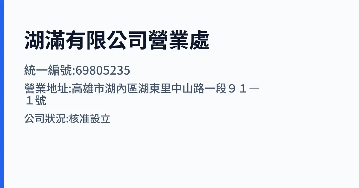 湖滿有限公司營業處 - 統編 69805235(高雄市) 公司登記資料與營業項目詳細圖表