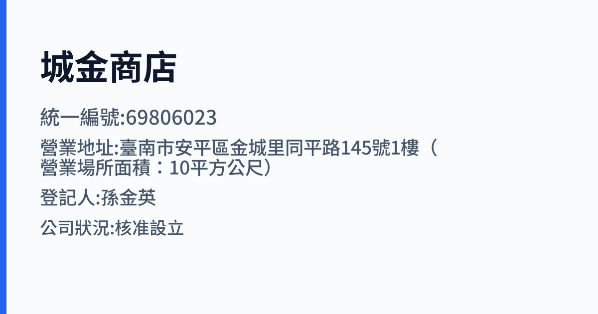 城金商店 - 統編 69806023(臺南市) 公司登記資料與營業項目詳細圖表