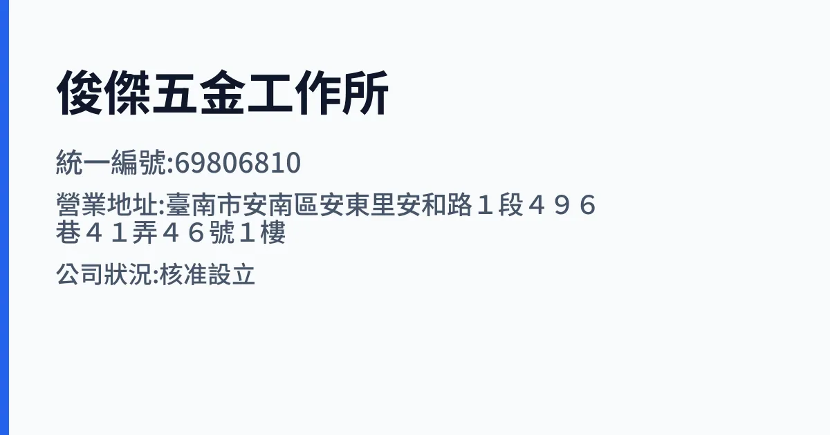 俊傑五金工作所 - 統編 69806810(臺南市) 公司登記資料與營業項目詳細圖表