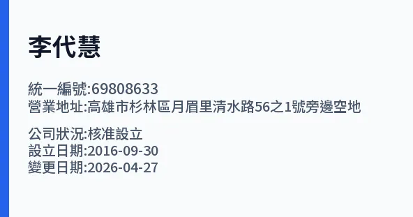 李代慧的照片-統編 69808633(高雄市) 公司登記資料與營業項目詳細圖表