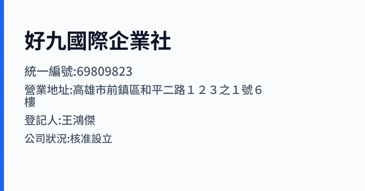 好九國際企業社 - 統編 69809823(高雄市) 公司登記資料與營業項目詳細圖表