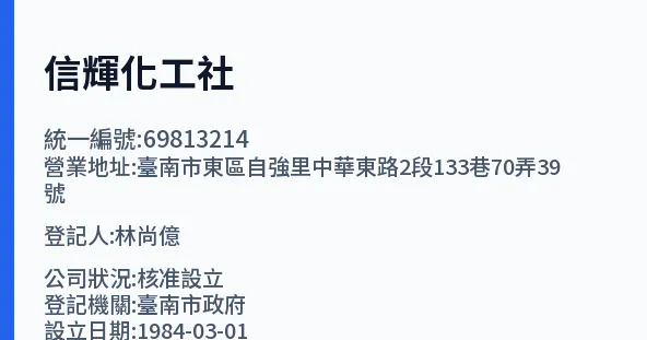 信輝化工社的照片-統編 69813214(臺南市) 公司登記資料與營業項目詳細圖表
